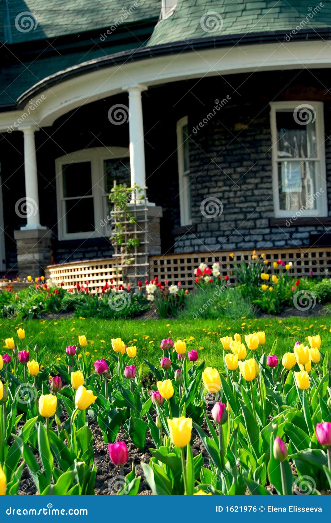 House in spring stock photo. Image of brick, pink, bloom - 1621976