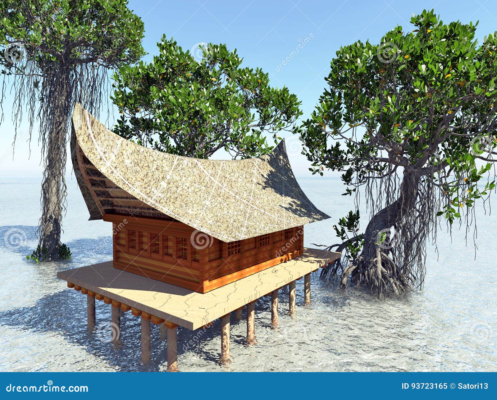 House on Stilts in the Mangrove Forest. Beach Architecture 3d Rendering ...
