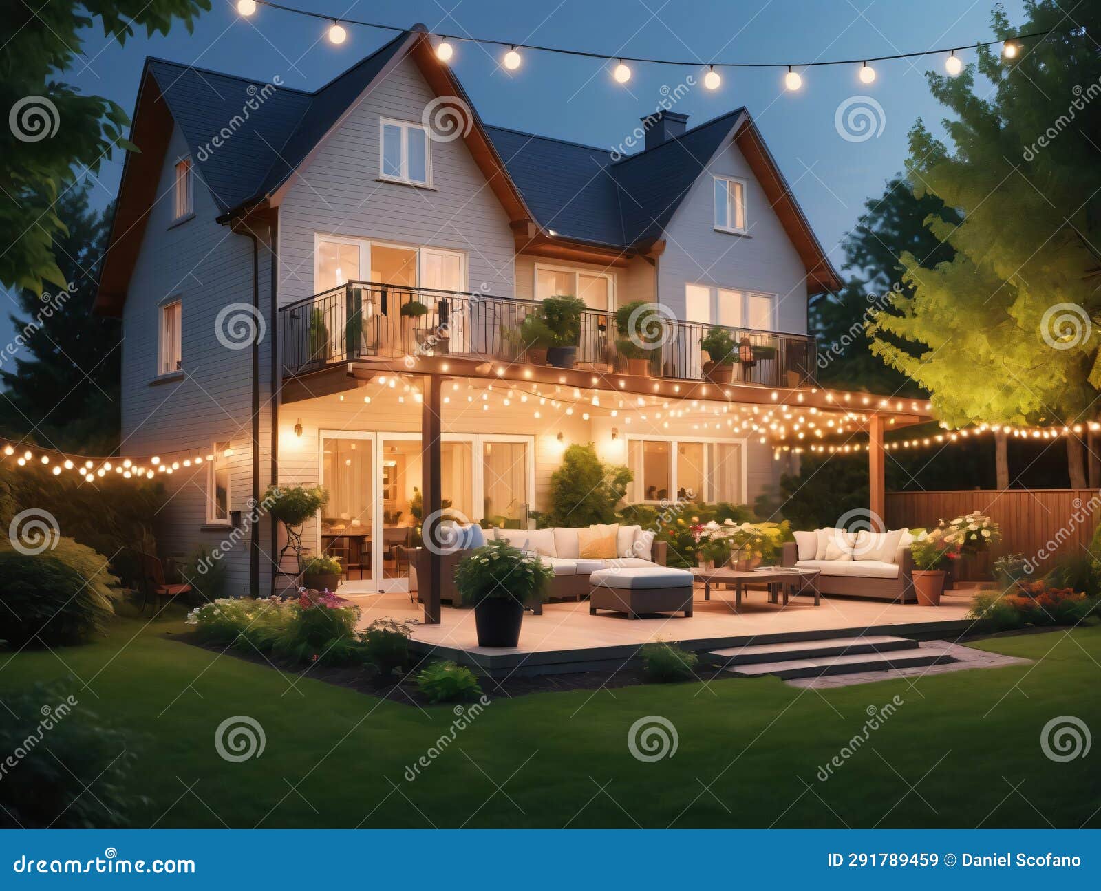 A House with String Lights. Generative AI Stock Illustration ...