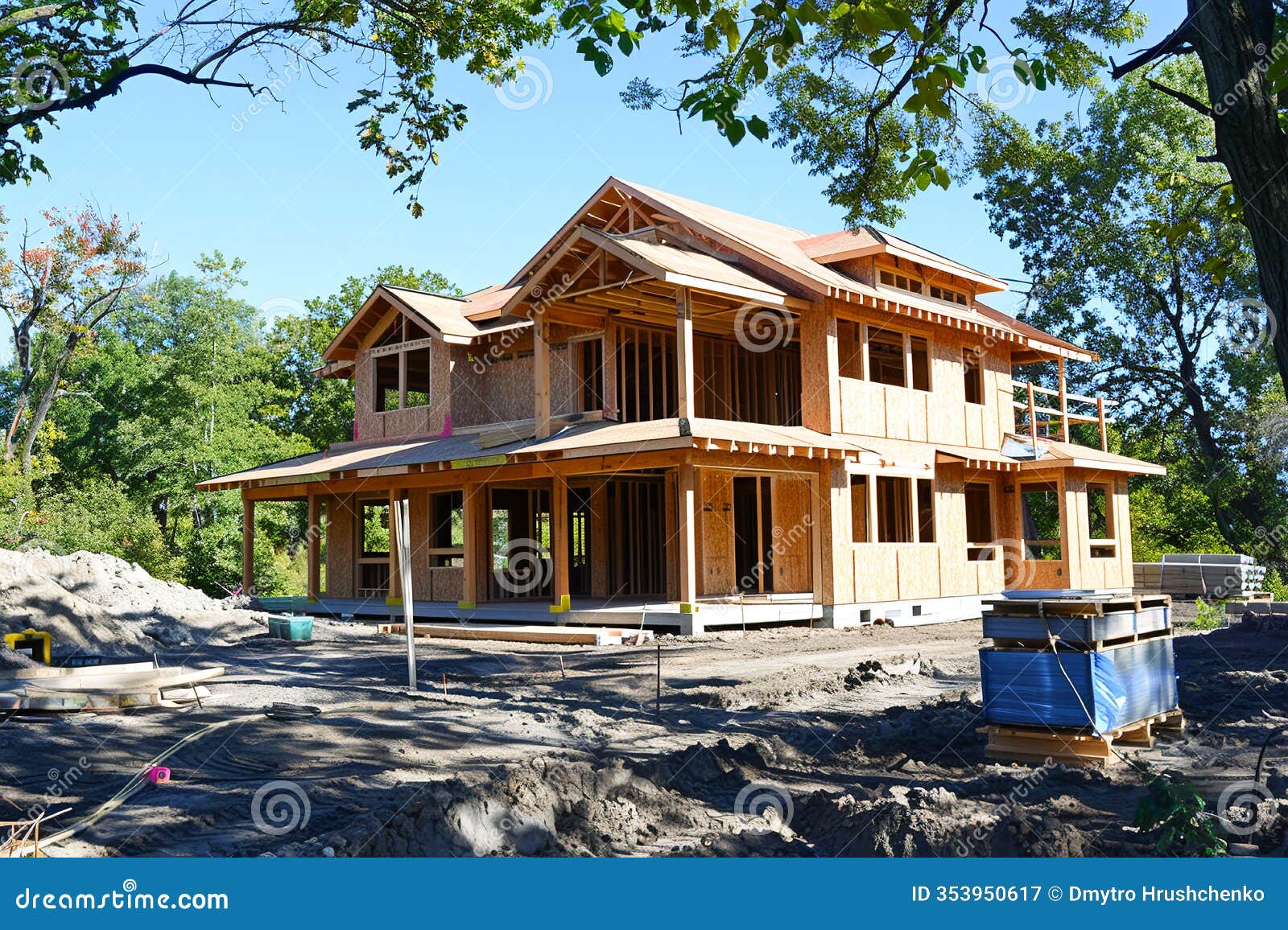 House Structure in Early Construction Phase with Exposed Wood Framing ...