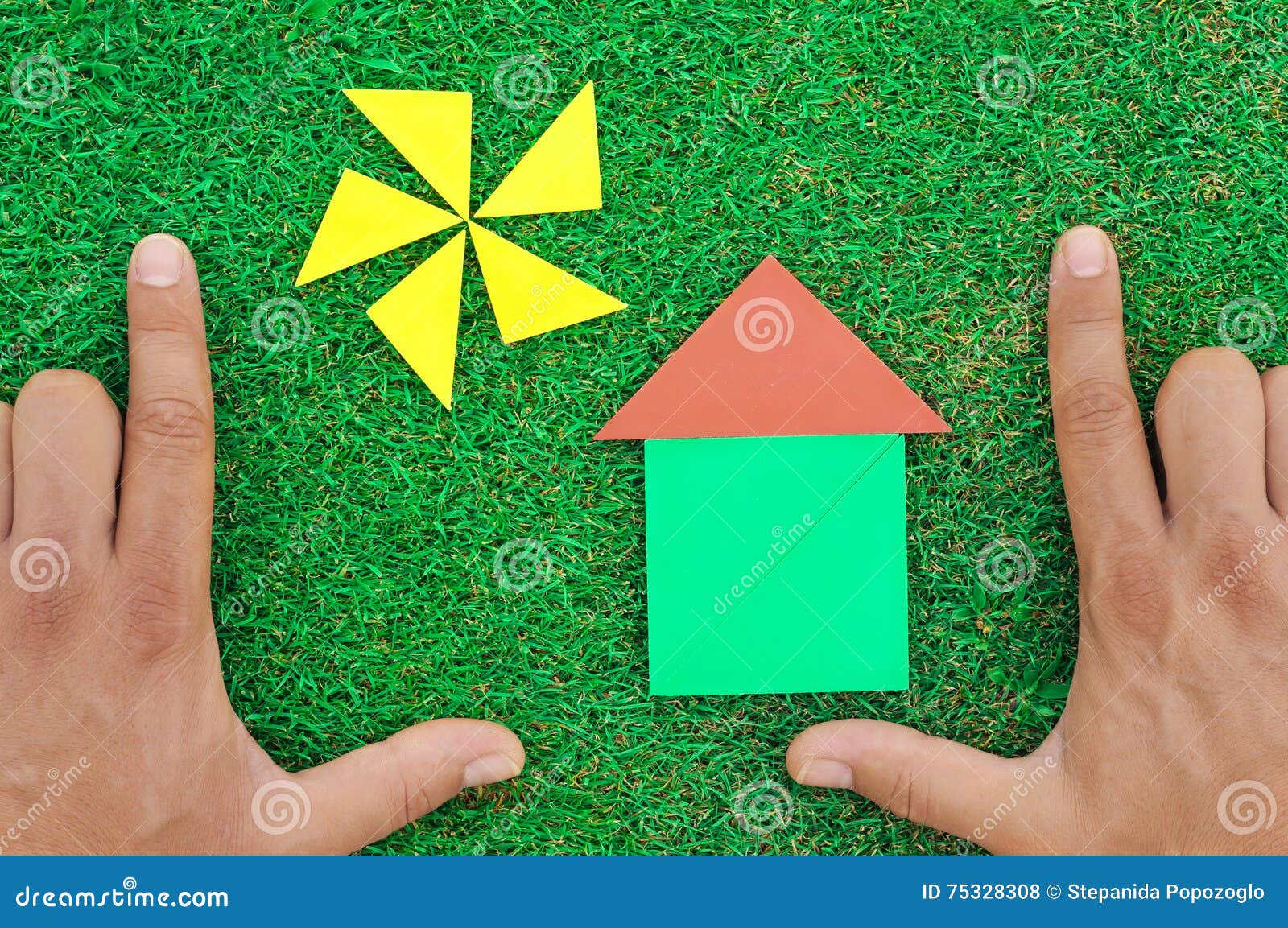 House and Sun Made of Tangram Figures Stock Photo - Image of hand, drop ...