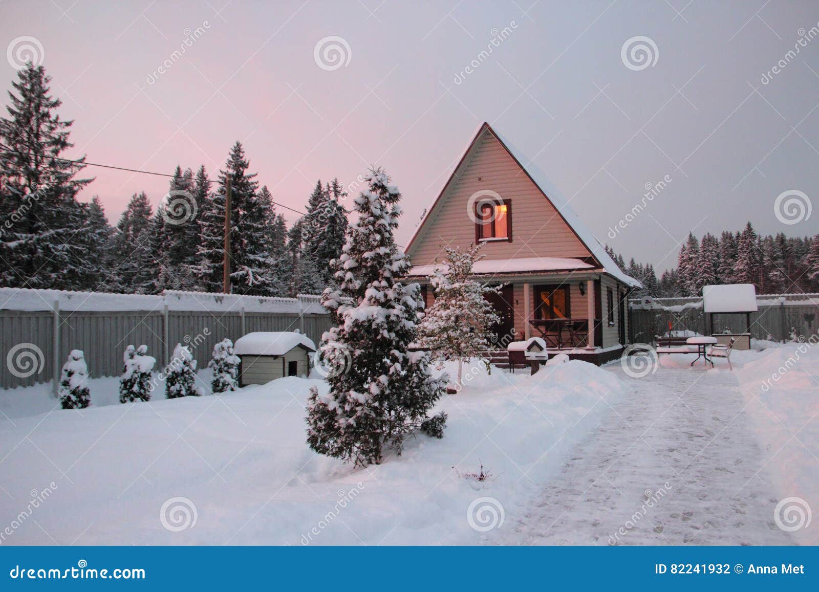 The House in Sunset Light in Winter. Stock Photo - Image of house, tree ...