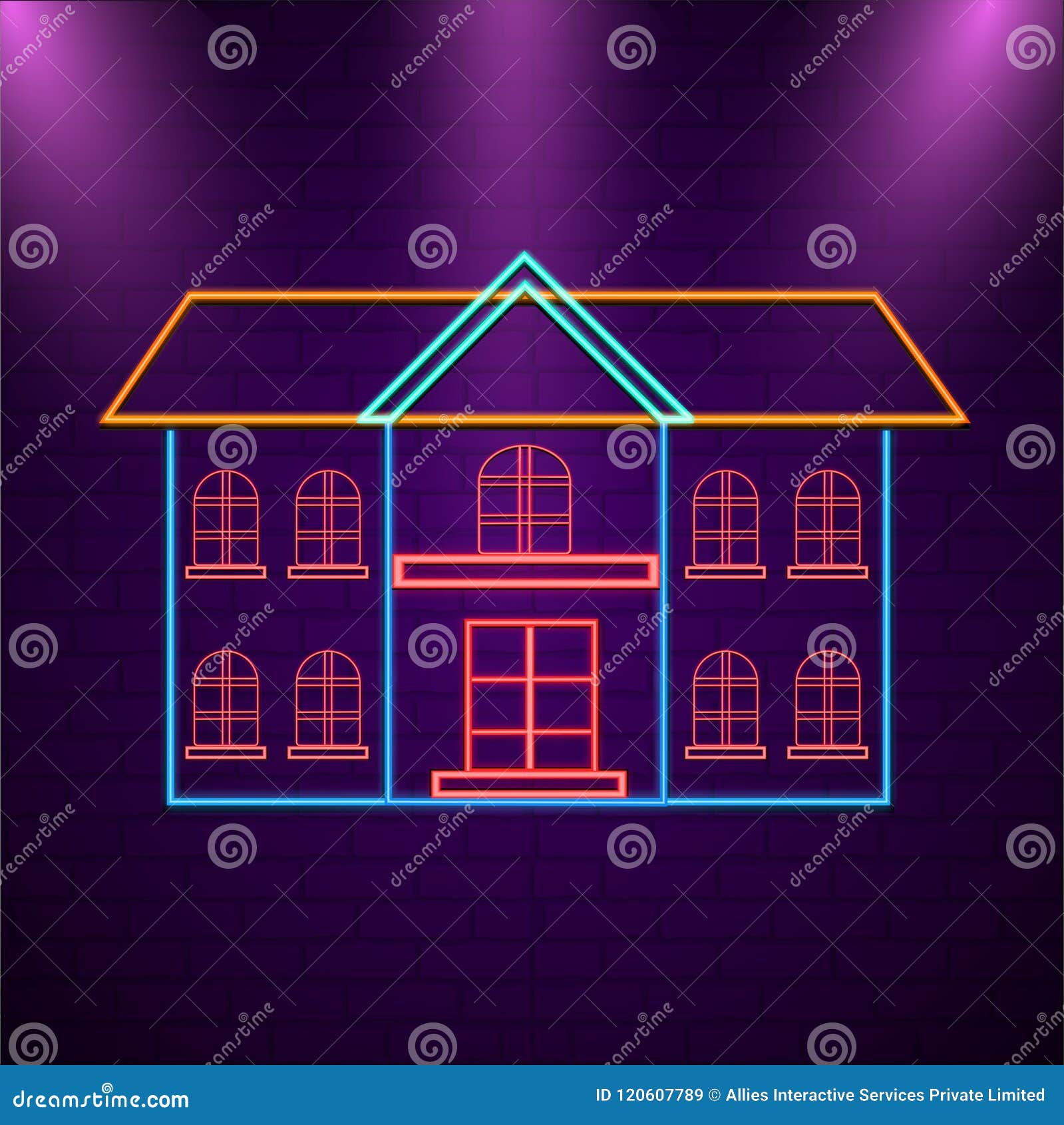 House Symbol on Brick Wall in Neon Light. Stock Illustration ...