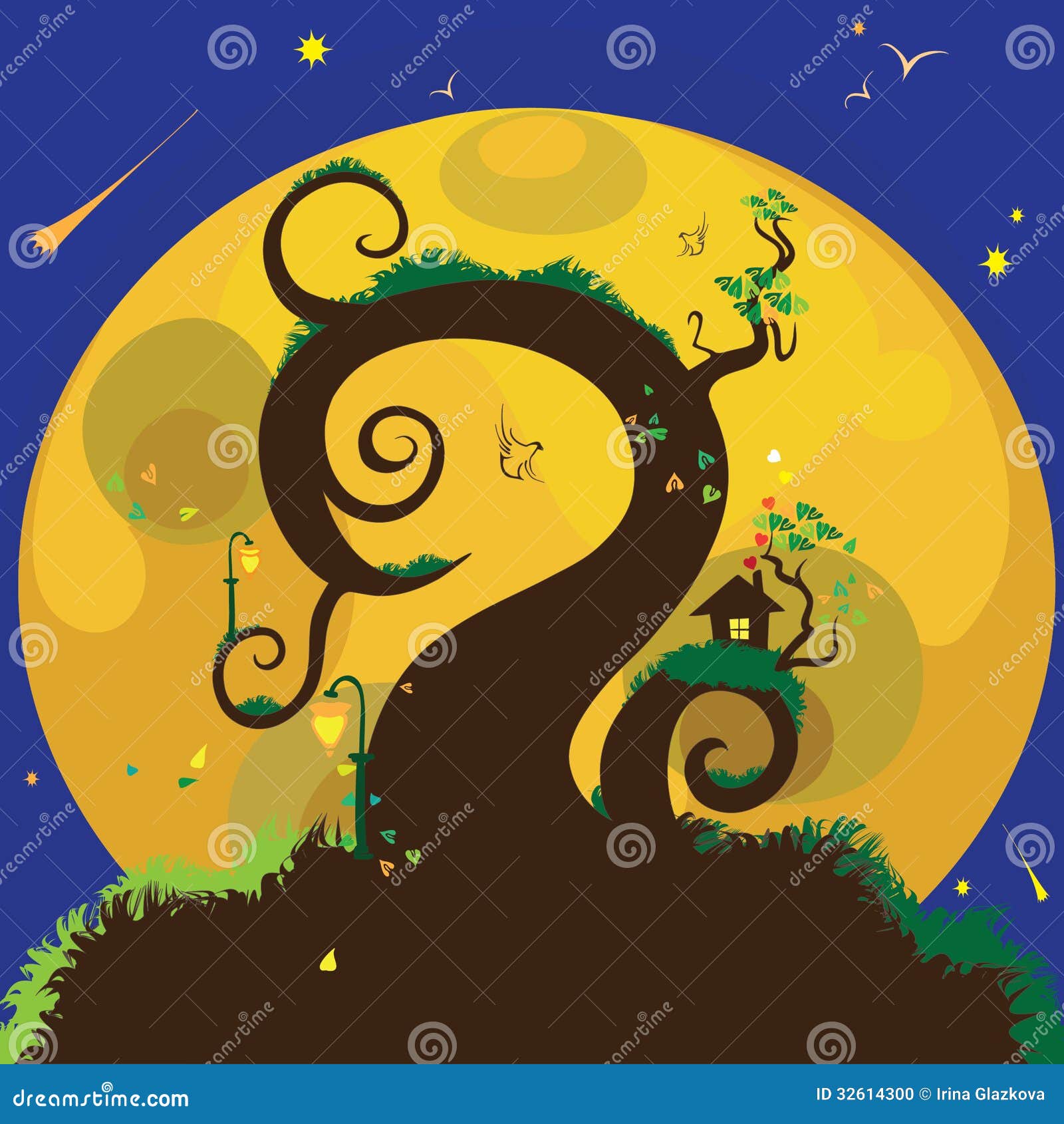 House on a Tree Under the Moon Stock Vector - Illustration of love ...