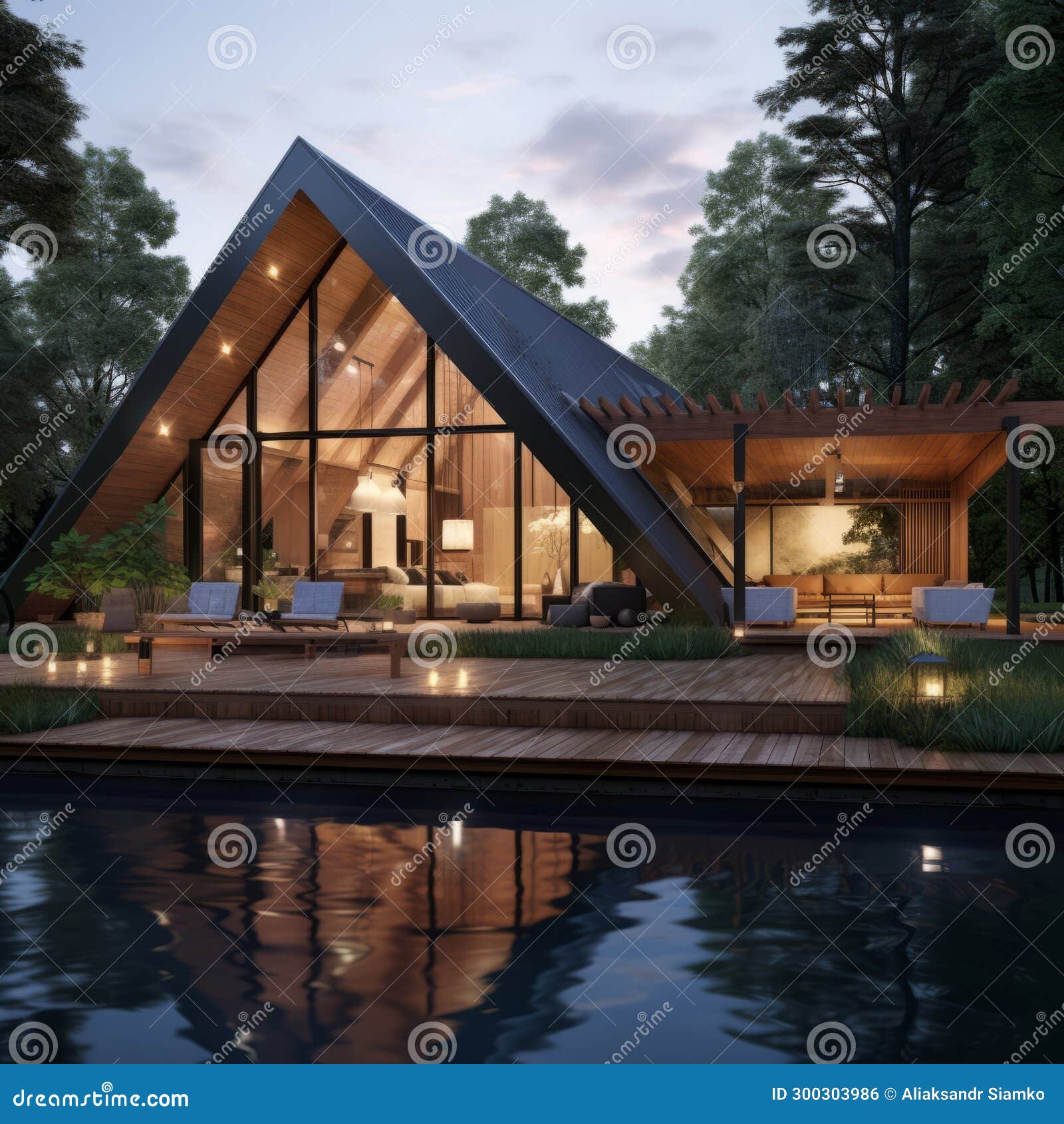 A House with a Triangular Roof and a Wooden Deck and a Pool Stock Photo ...