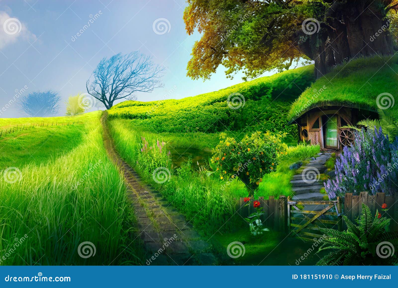 A house under a big tree stock photo. Image of pond - 181151910