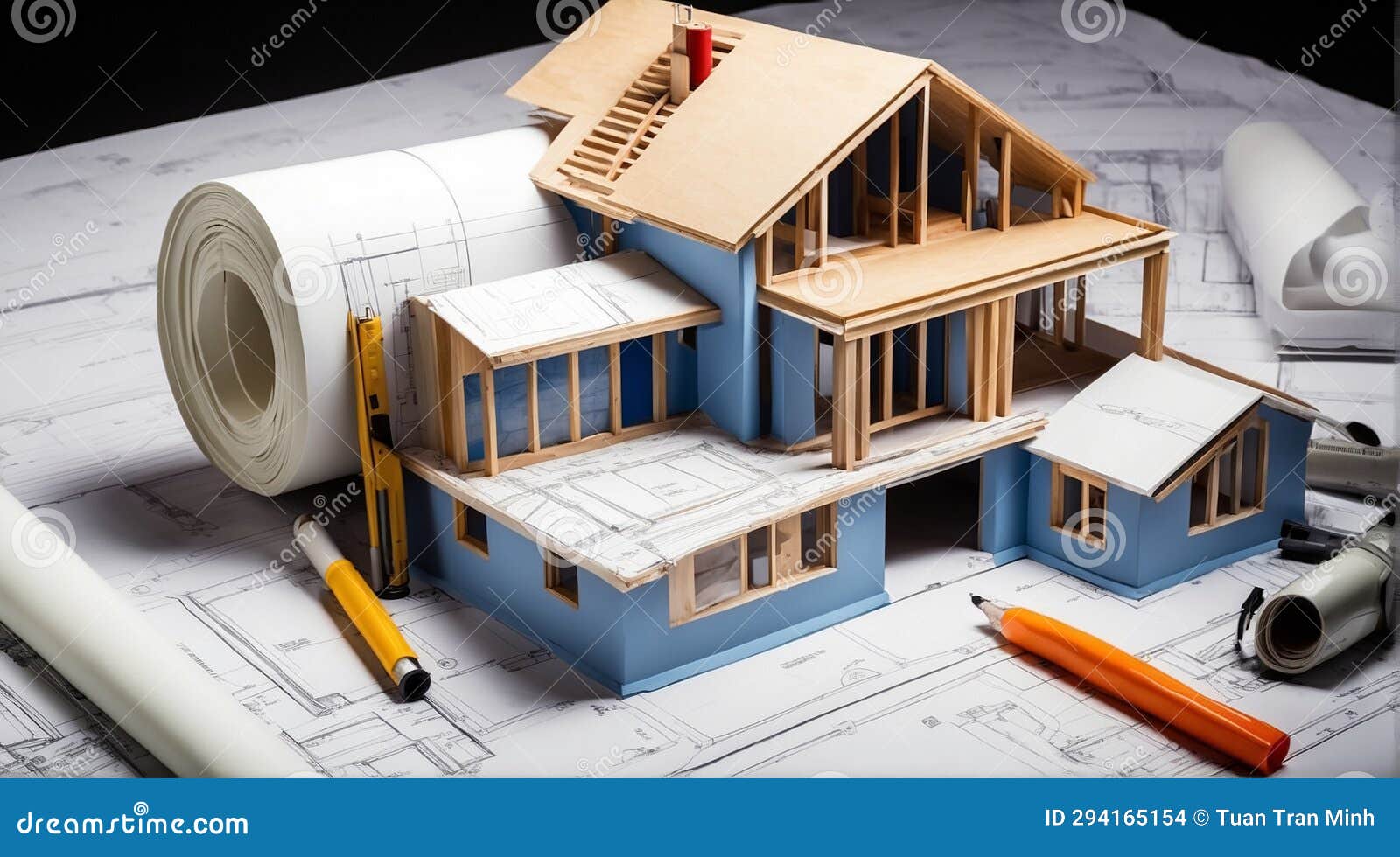 House Under Construction on Blueprints - Building Project Stock ...