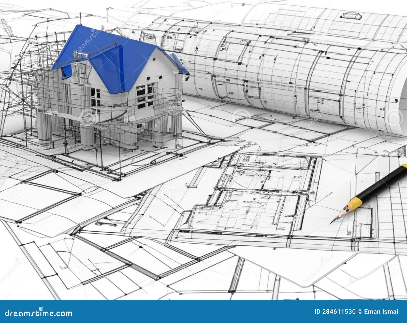 House Under Construction on Blueprints Stock Illustration ...