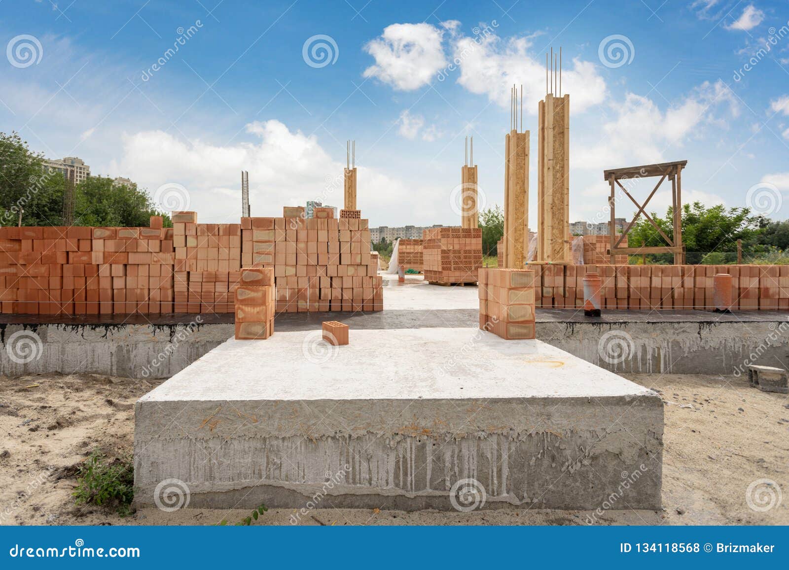 House Under Construction. New Residential Building with Support Element ...