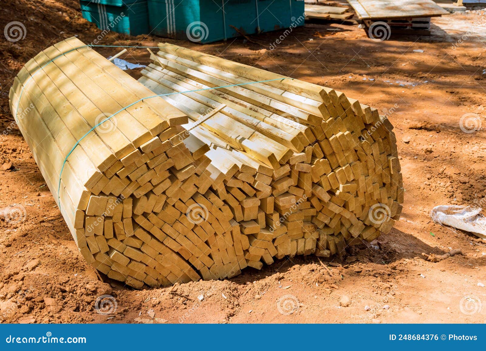 Stack Of Unloading Wooden Beams On Construction Building From Beam ...