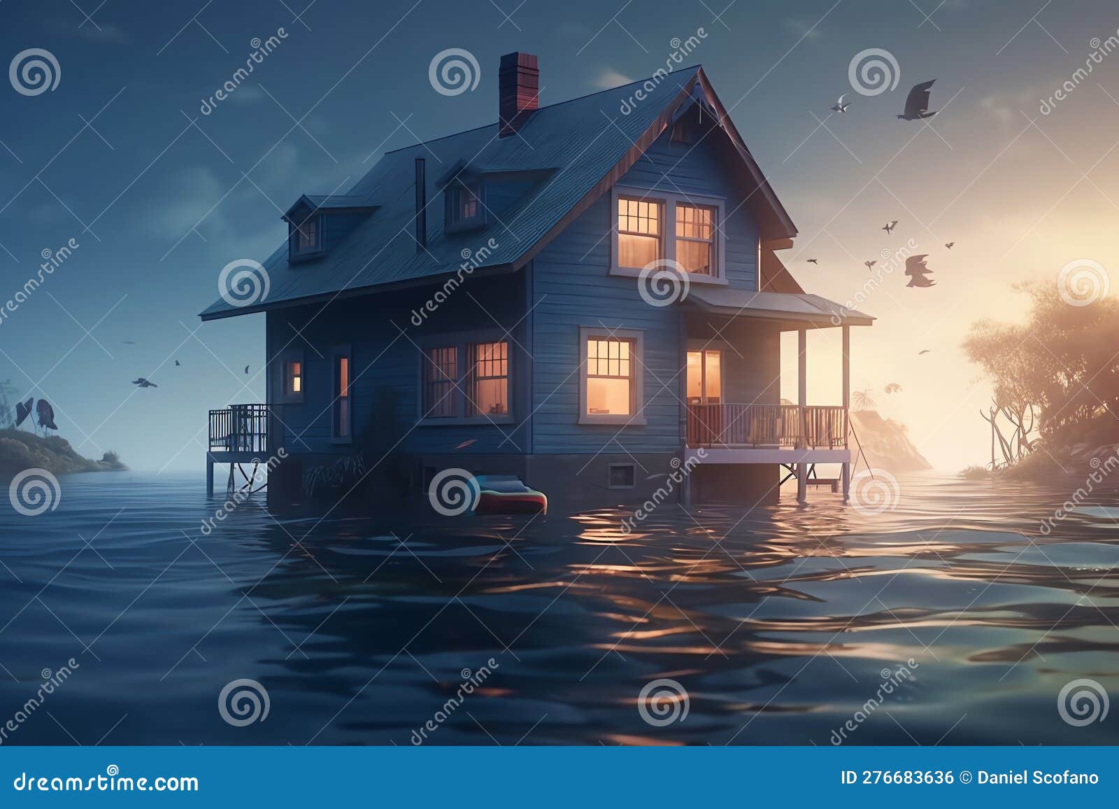 House Under Water 3d Illustration. Generative AI Stock Illustration ...