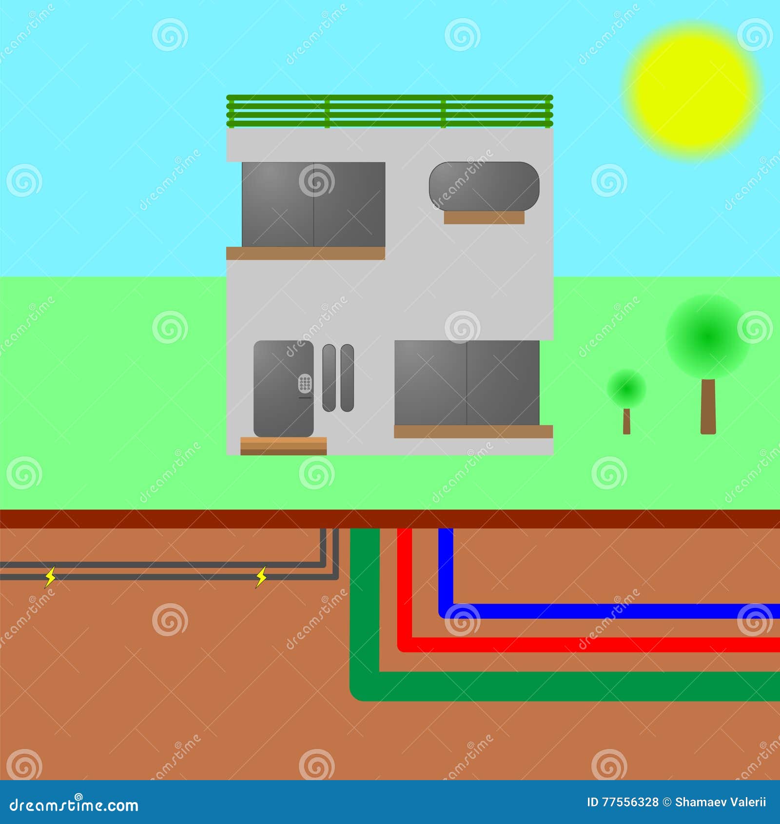 A House with Utilities: Water, Electricity, Sewerage, Internet. Stock ...