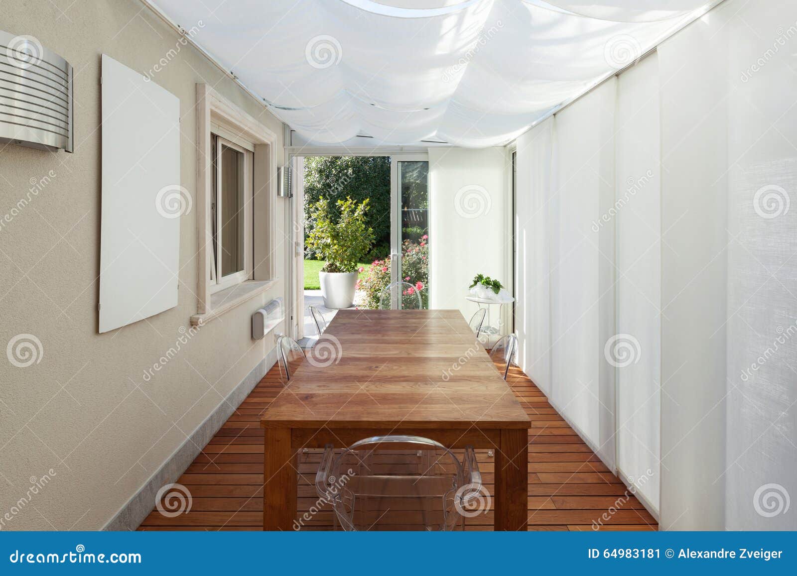 House, Veranda with Wooden Table Stock Image - Image of design, cloth ...