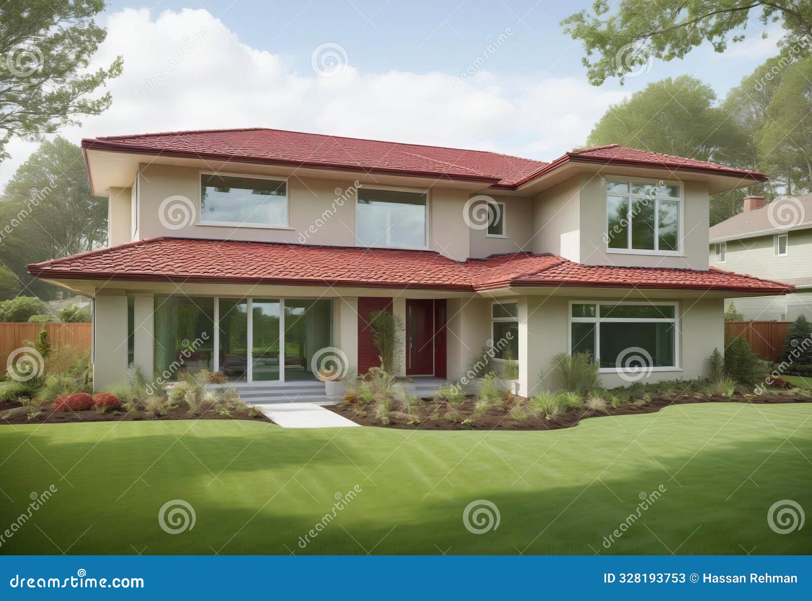 House with a Vibrant Red Tile Roof Stock Illustration - Illustration of ...