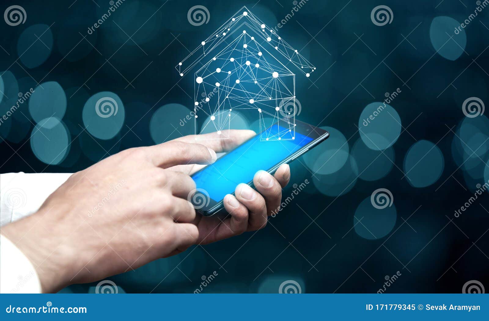 House on Virtual Screen and Phone in Man Hand Stock Image - Image of ...