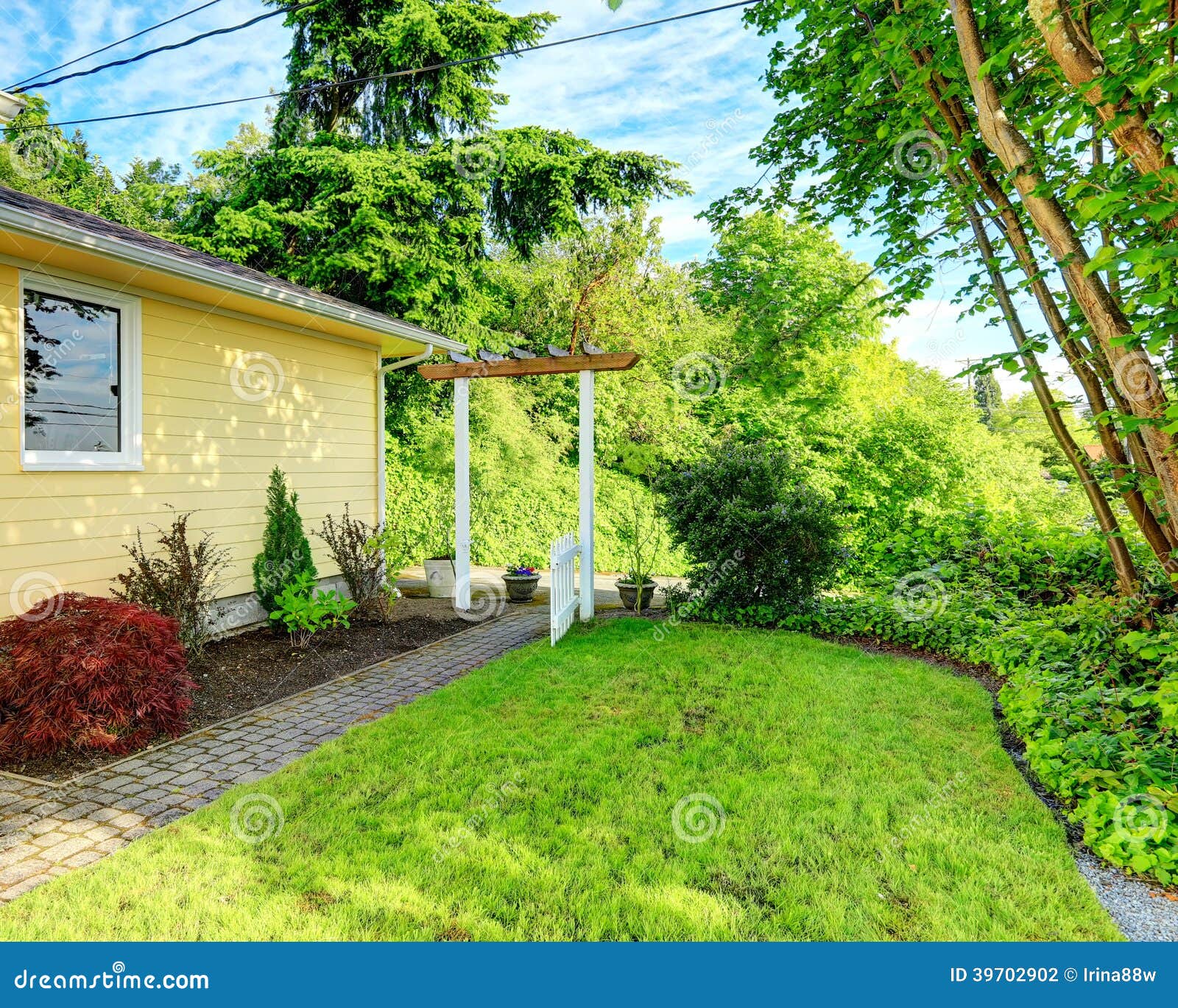 House with Walkway and Open Gate Stock Photo - Image of home, window ...
