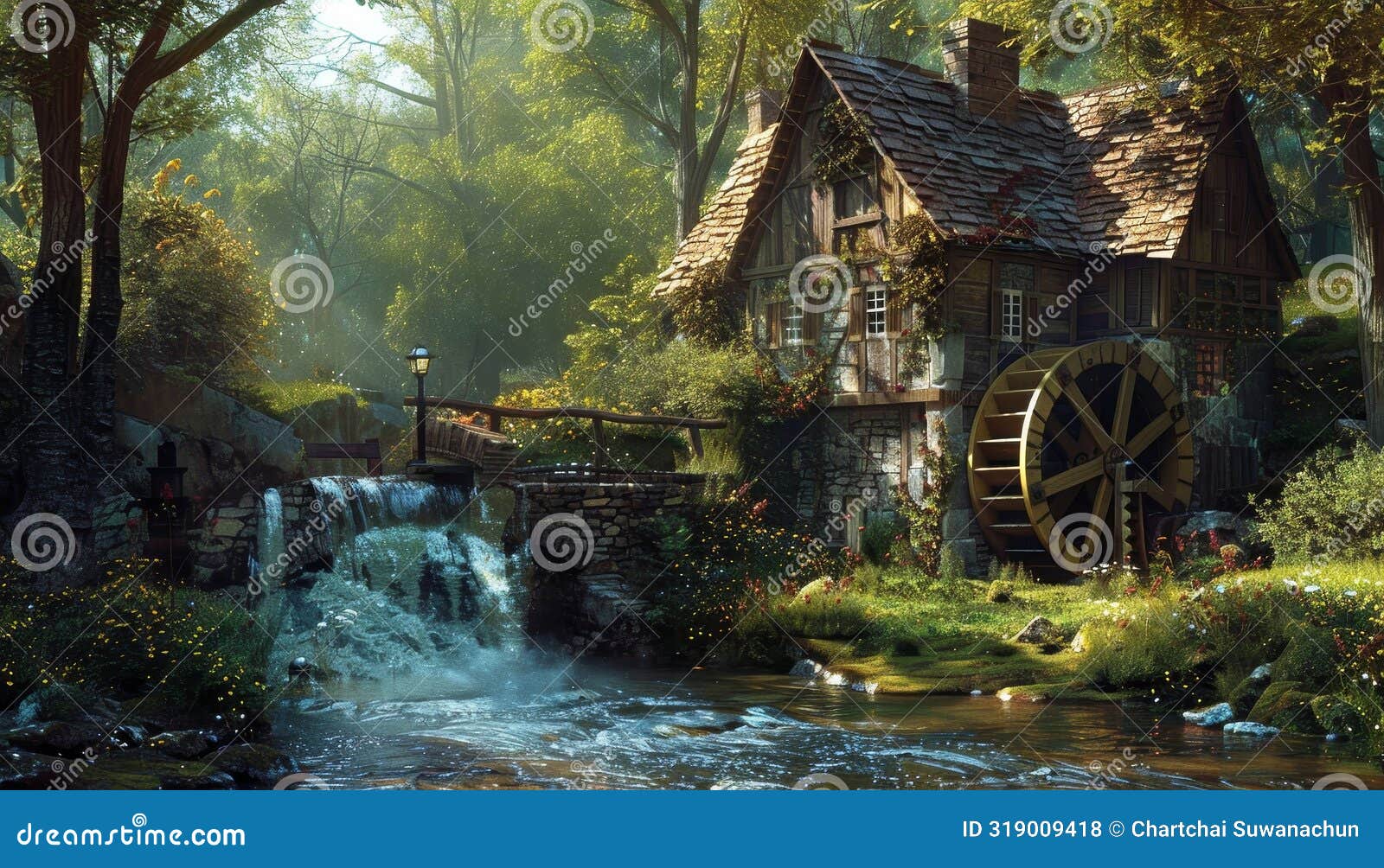 A House with a Water Wheel in Front of a Waterfall by AI Generated ...