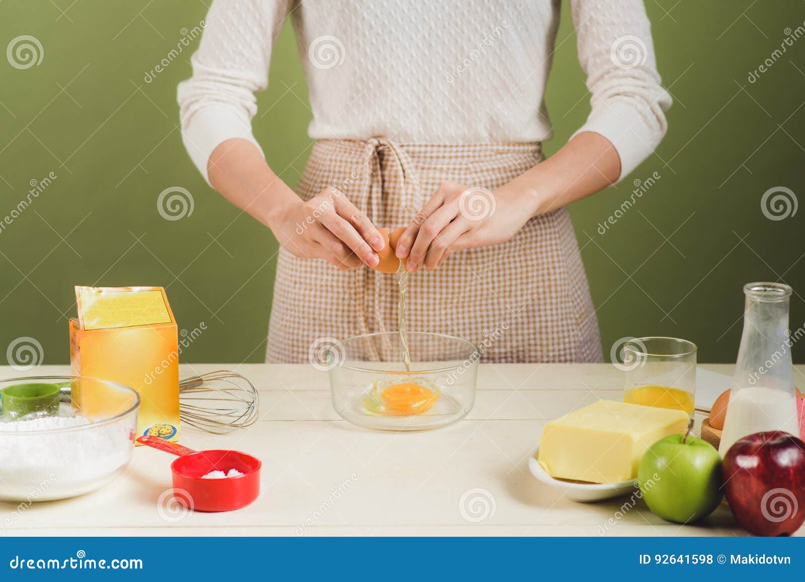 House Wife Wearing Apron Making. Steps of Making Cooking Pancake Stock ...
