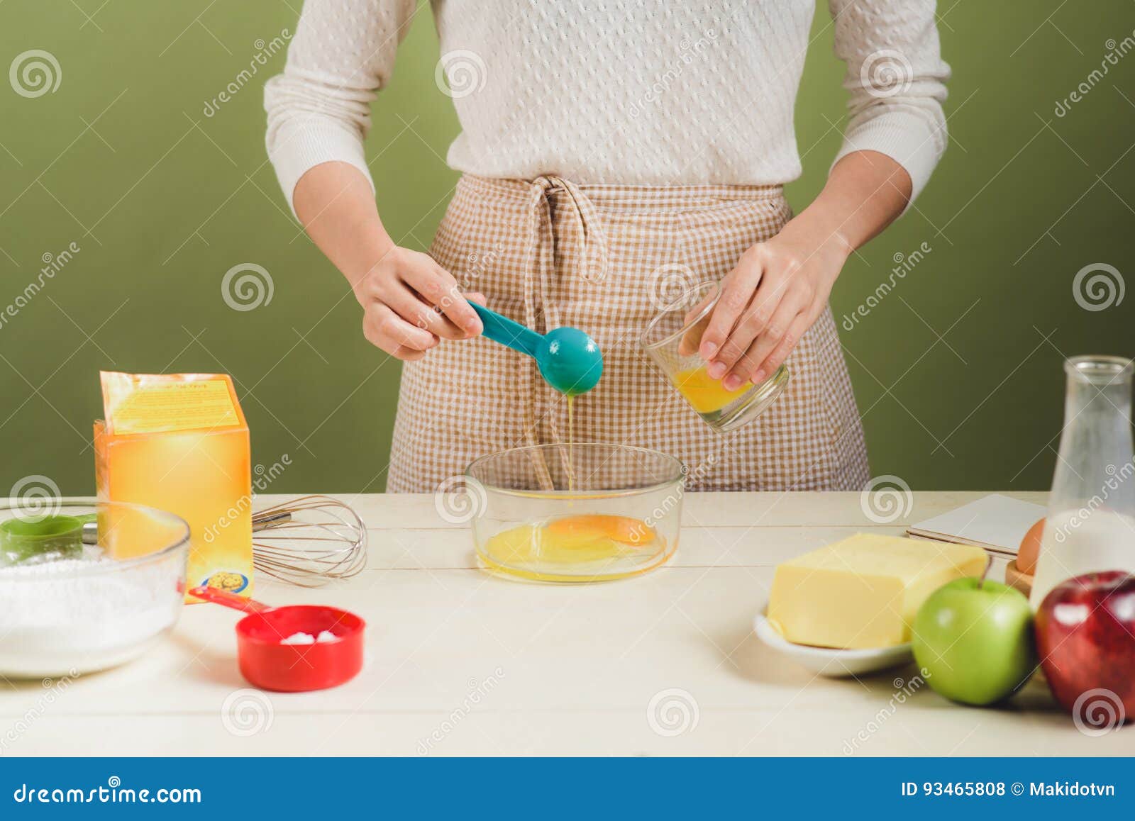 House Wife Wearing Apron Making. Steps of Making Cooking Pancake Stock ...