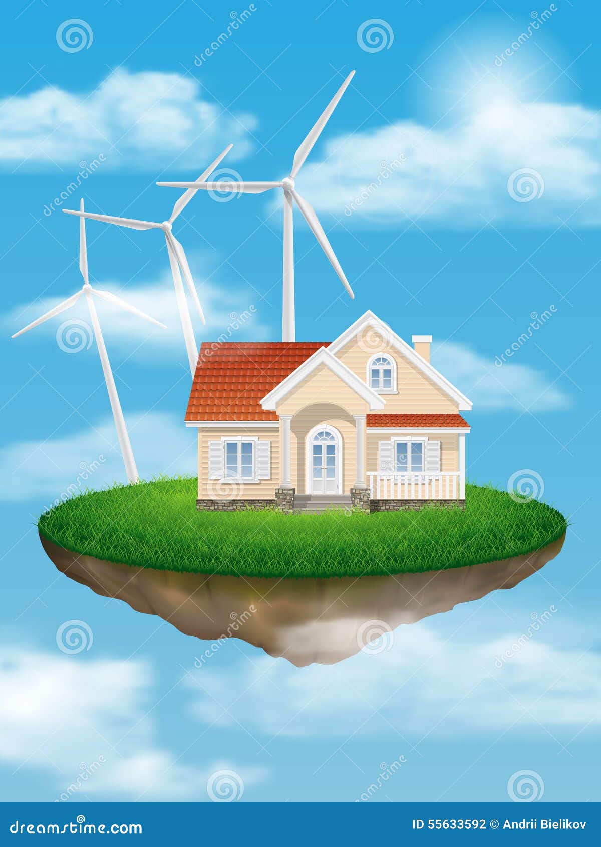 House Wind Turbines Floating Island Stock Illustrations – 3 House Wind ...