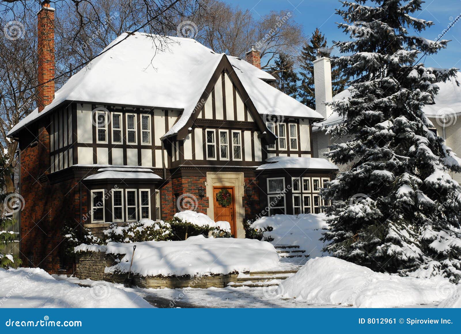 House in Winter with Pine Trees Stock Image - Image of exterior ...