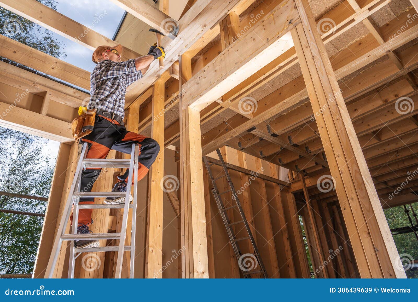 House Wood Frame Building by Contractor Worker Stock Image - Image of ...