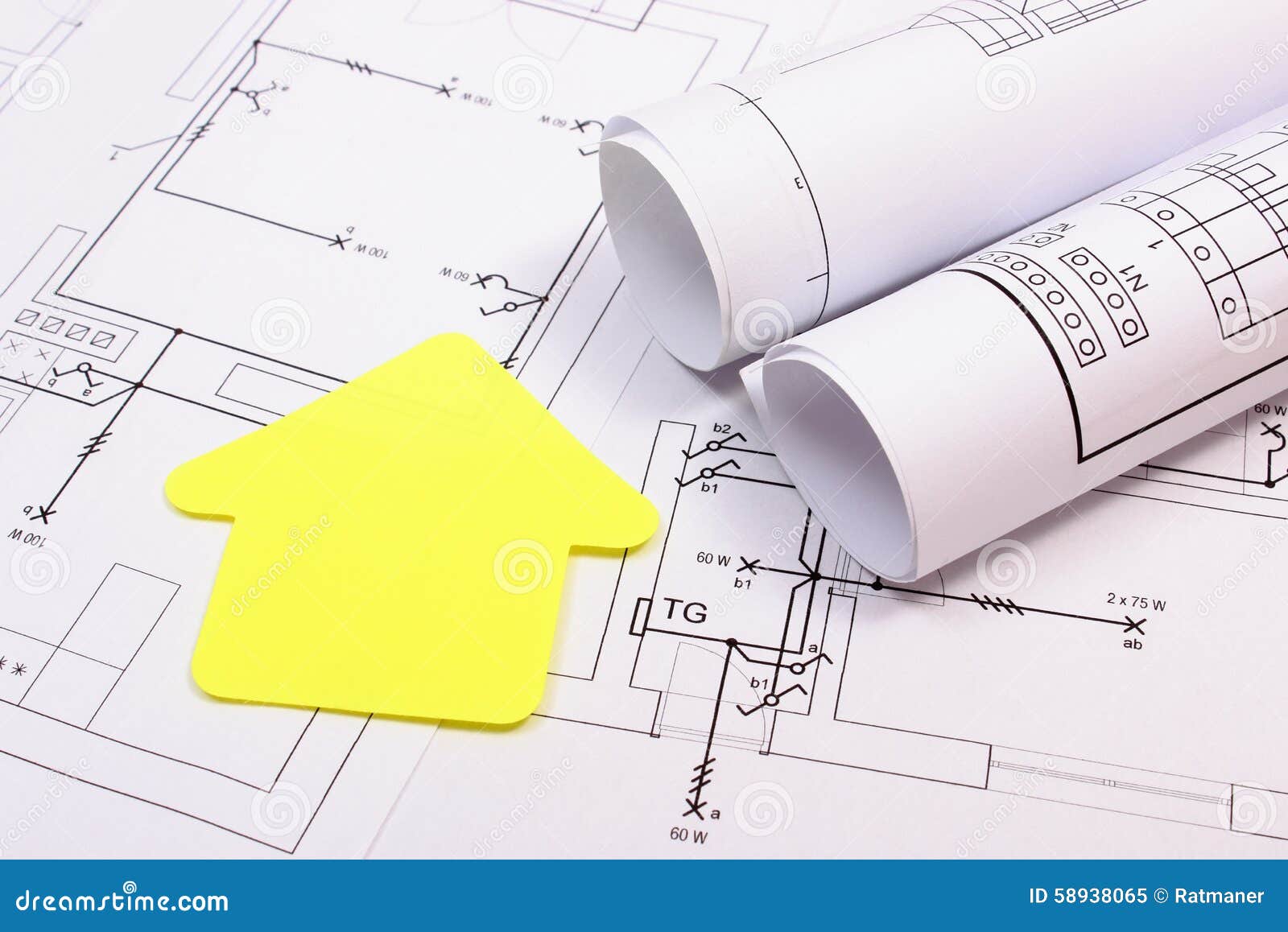 Rolls Of Diagrams And Work Tools On Electrical Construction Drawing Of ...