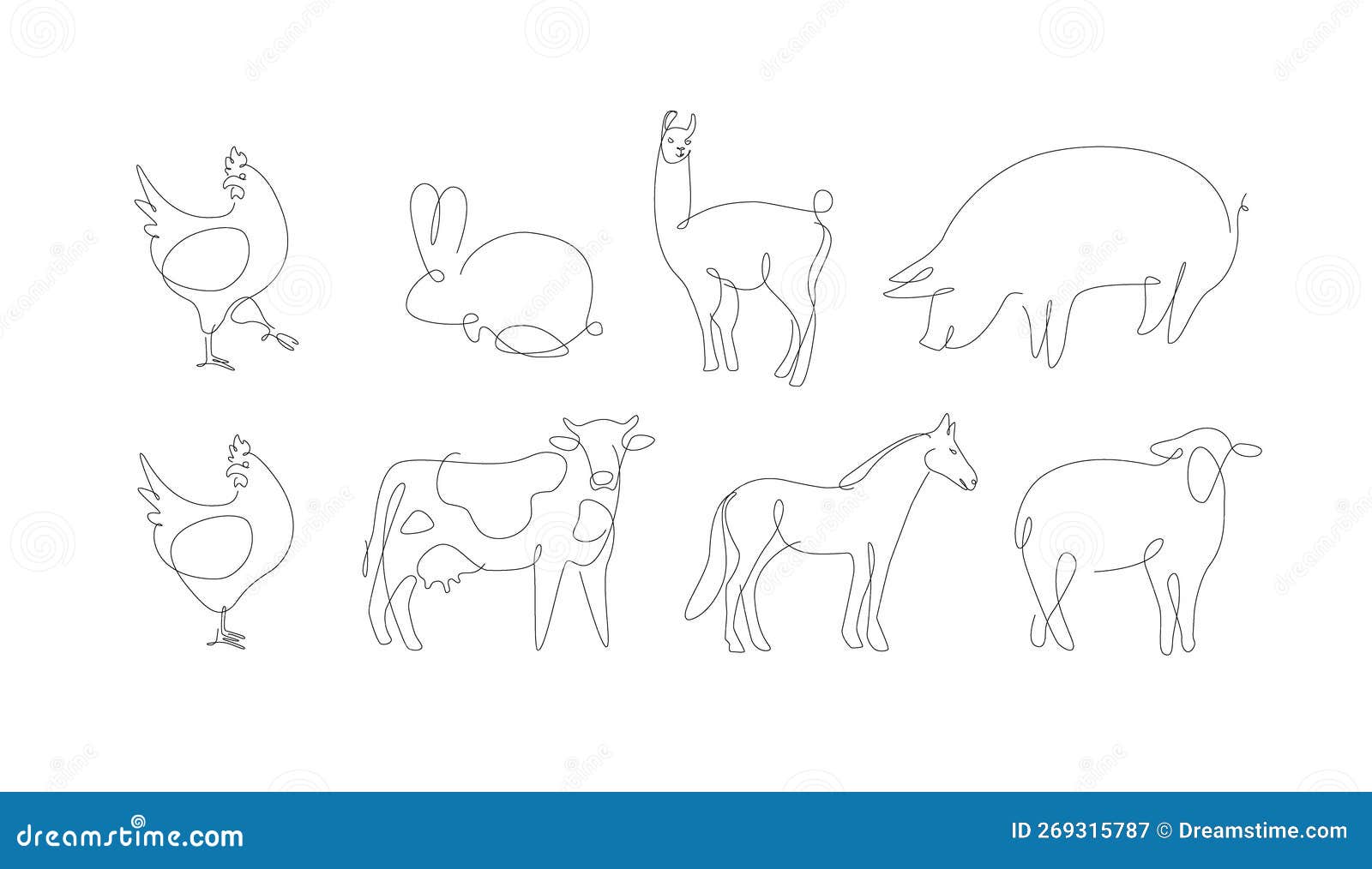 Household Animals One Line Vector. Pets Linear. Pig and Chicken ...