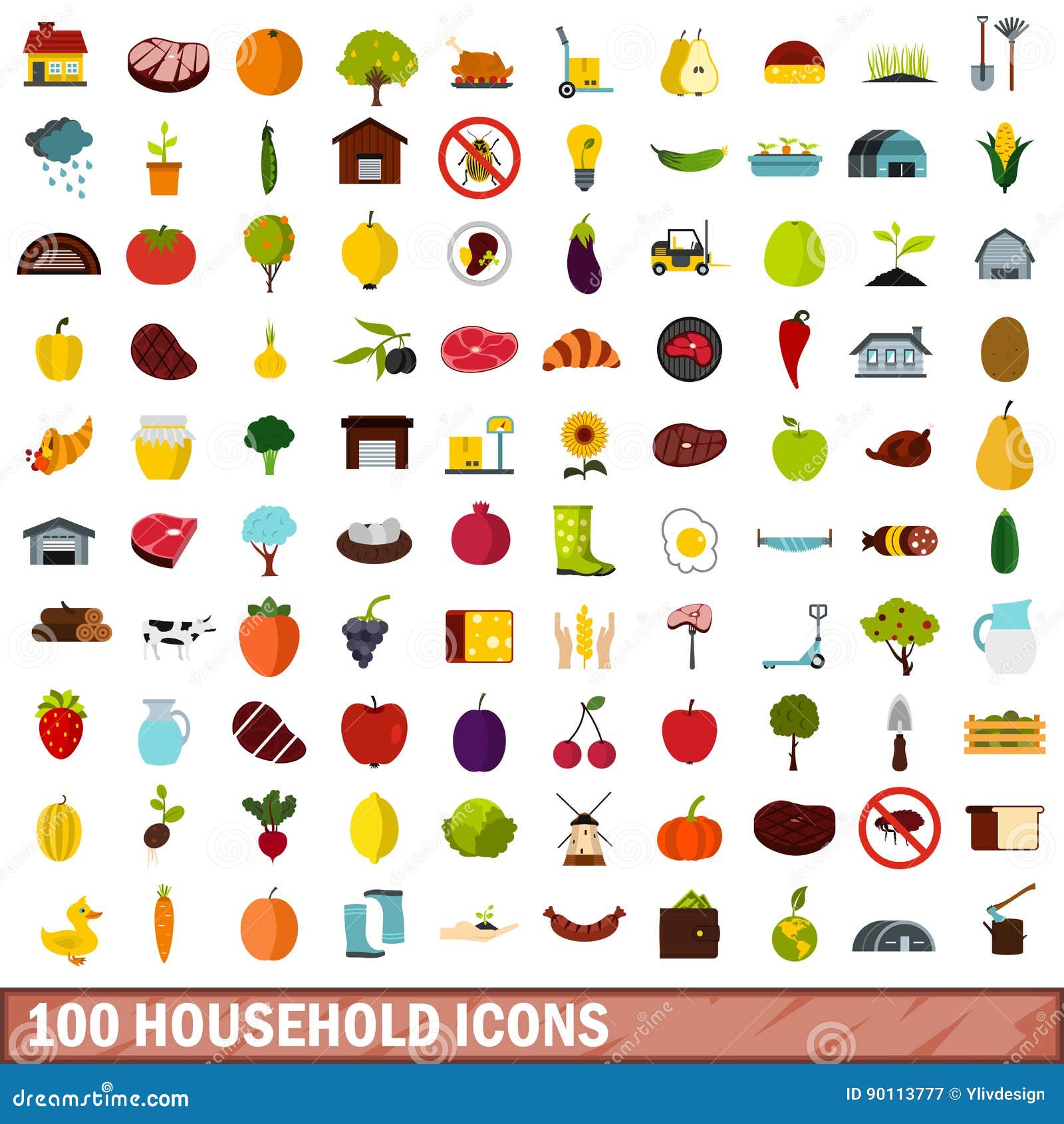 100 Household Icons Set, Flat Style Stock Vector - Illustration of ...