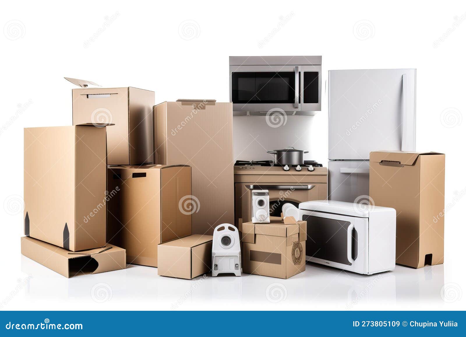 Household Kitchen Appliances and Home Electronics in Carboard Boxes ...
