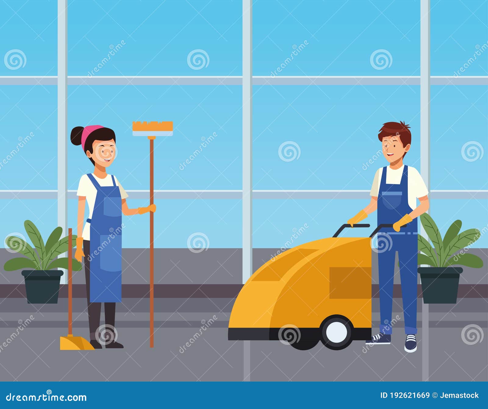 Housekeeping Couple Workers Cleaning Corridor With Tools Characters ...