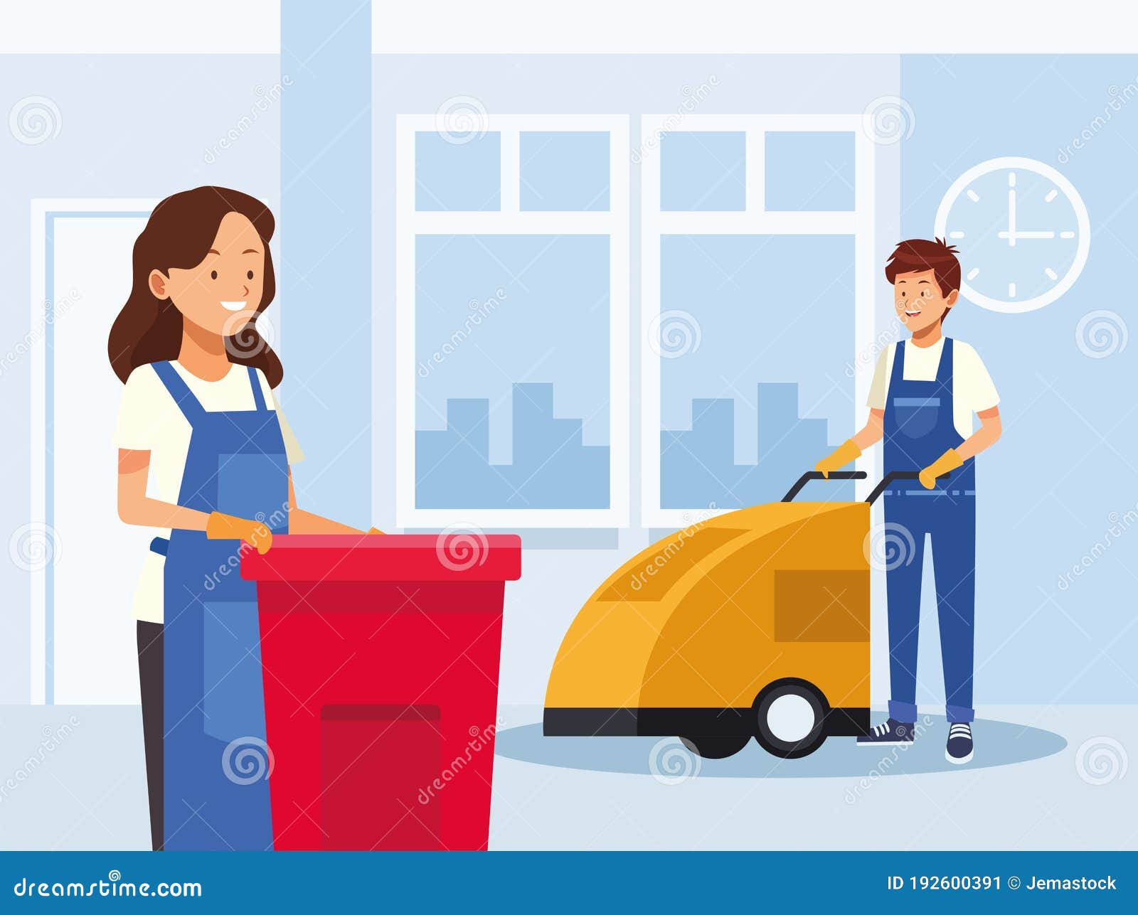 Housekeeping Couple Workers Cleaning Room with Tools Characters Stock ...