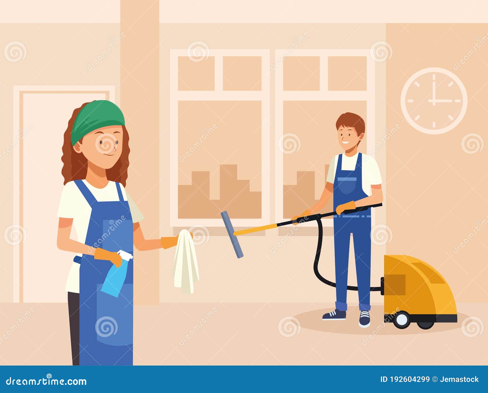 Housekeeping Couple Workers Cleaning Corridor With Tools Characters ...