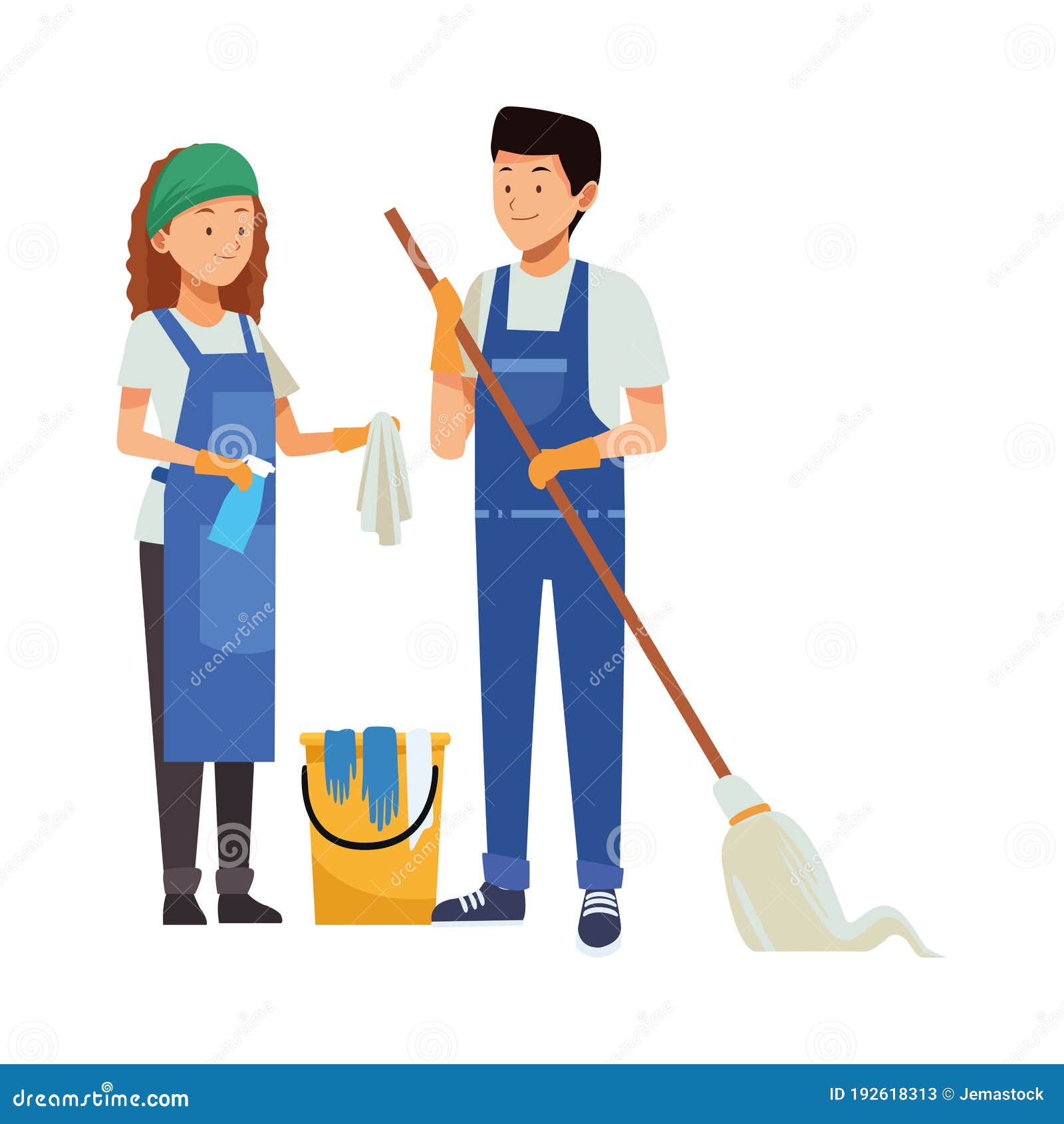 Housekeeping Couple Workers Cleaning Corridor With Tools Characters ...