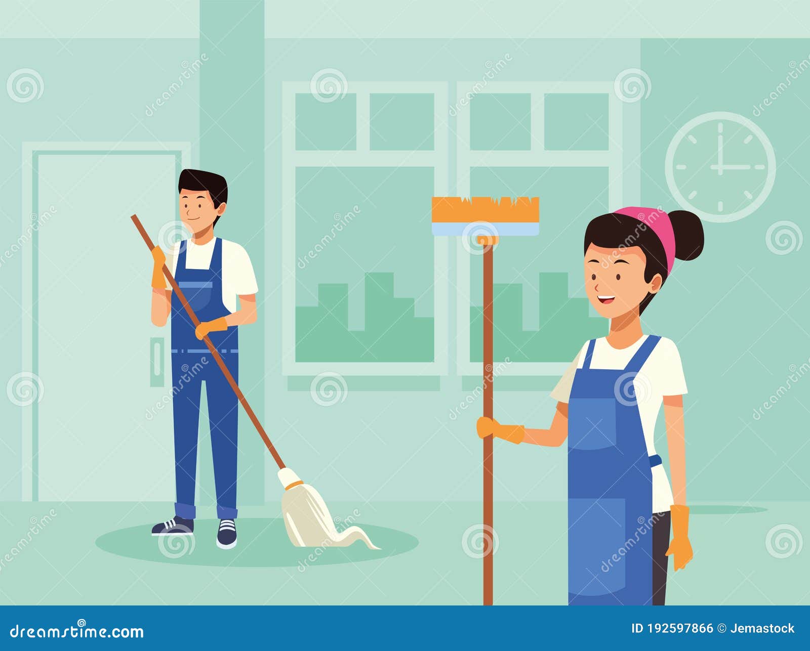 Housekeeping Couple Workers with Tools Characters Stock Vector ...