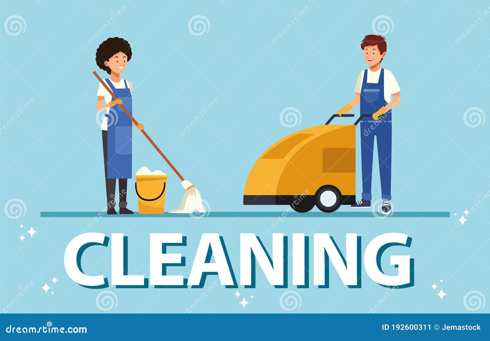 Housekeeping Couple Workers Cleaning Corridor With Tools Characters ...