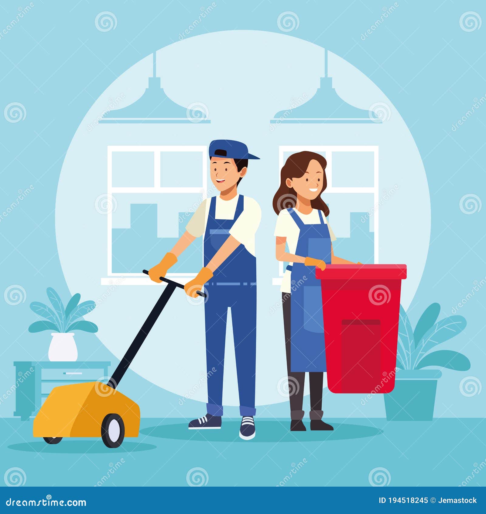 Housekeeping Couple Workers Cleaning Corridor With Tools Characters ...