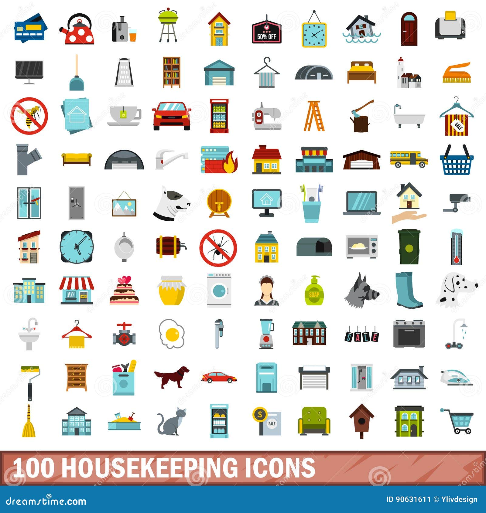 100 Housekeeping Icons Set, Flat Style Stock Vector - Illustration of ...