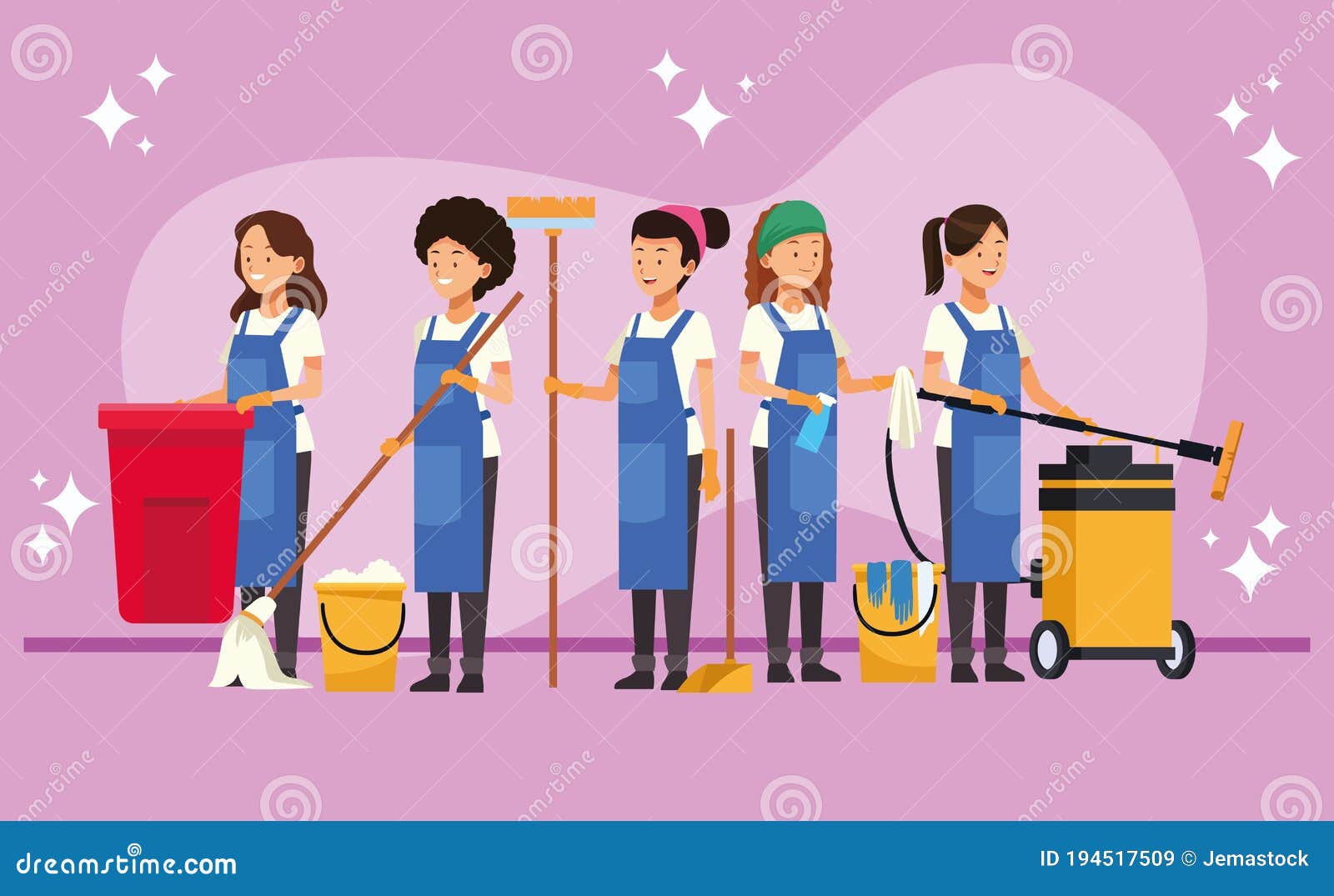 Housekeeping Team Female Workers with Equipment Tools Stock Vector ...