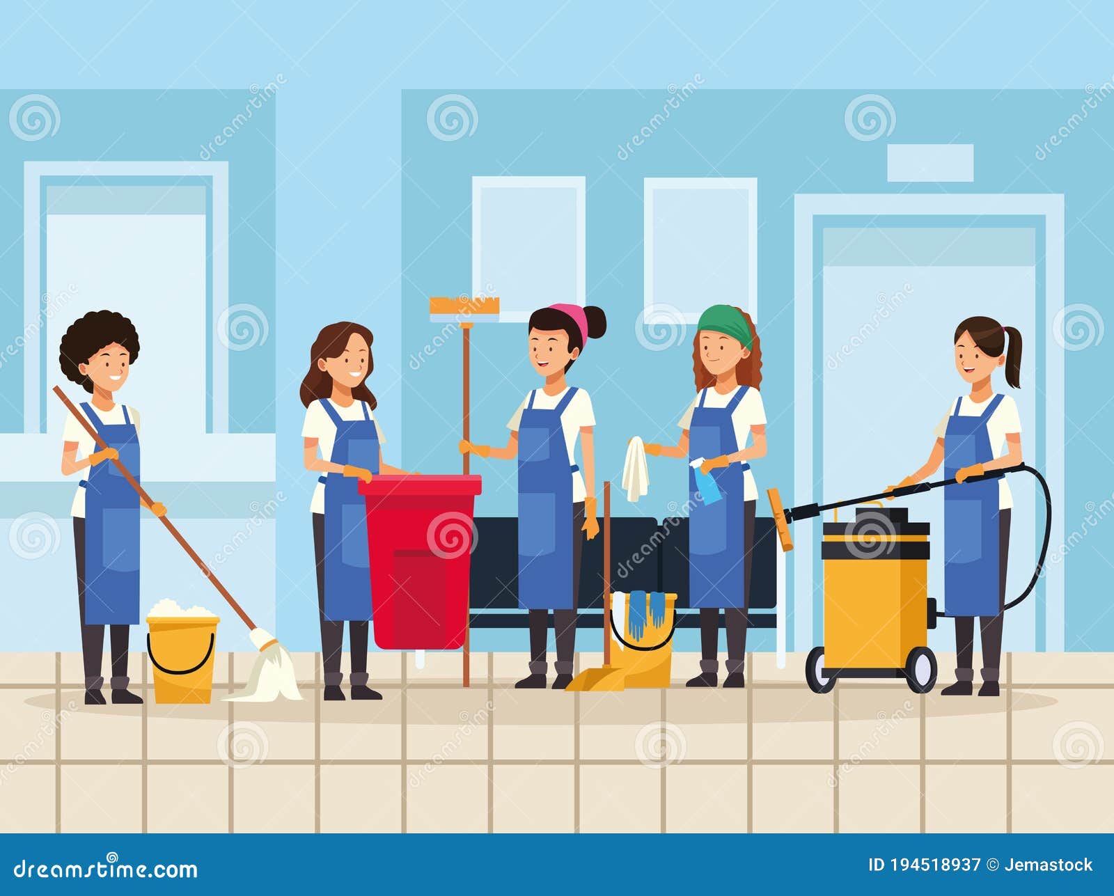 Housekeeping Team Workers With Equipment Tools Vector Illustration ...