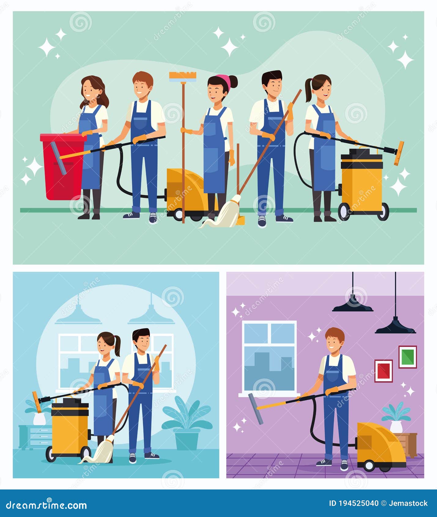 Housekeeping Team Workers with Equipment Tools Scenes Stock Vector ...