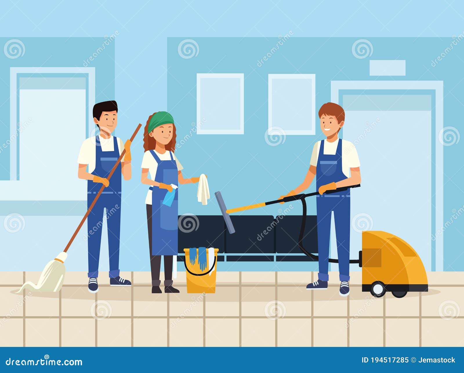 Housekeeping Teamworkers With Equipment Tools Cartoon Vector ...