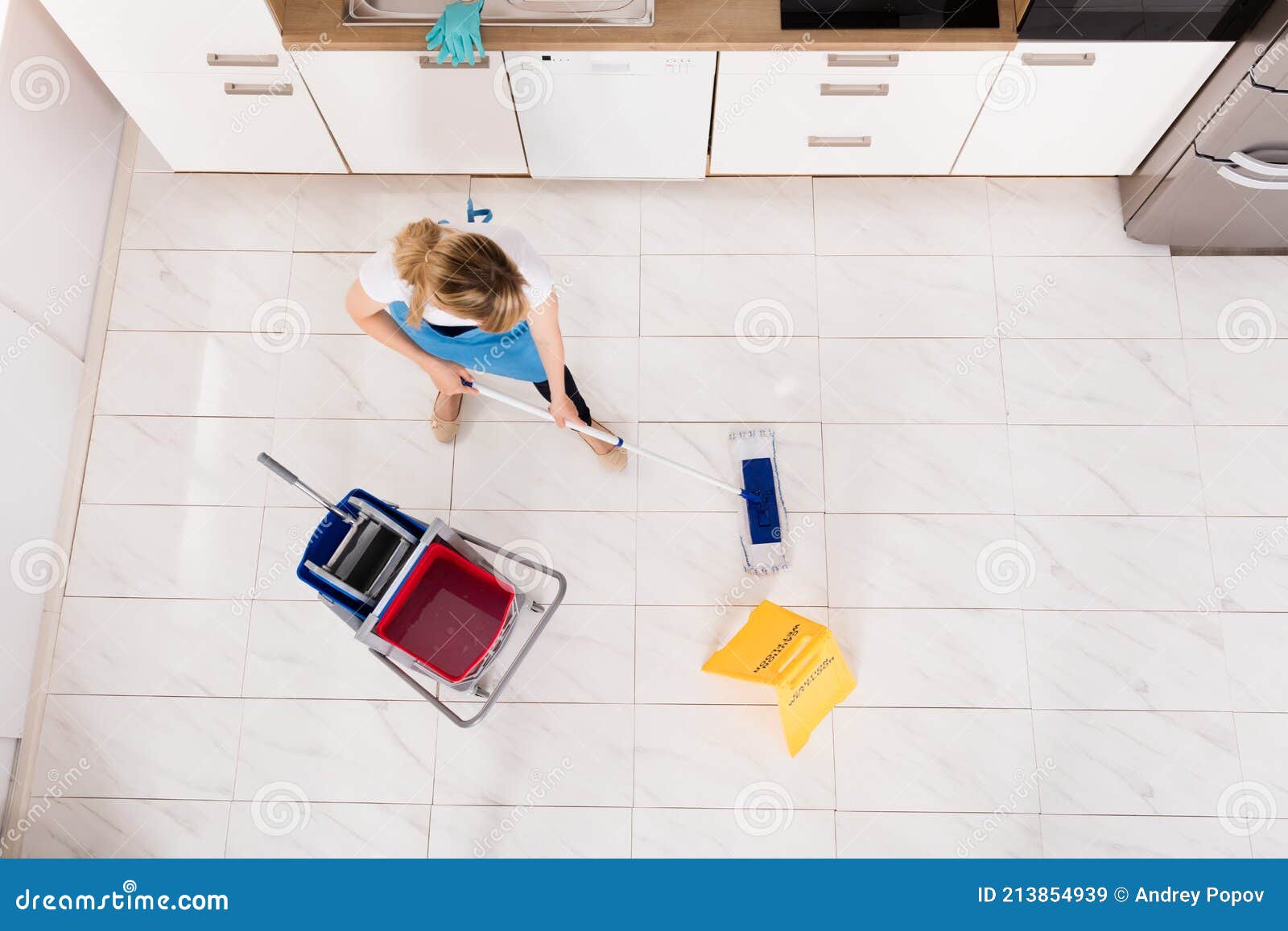 Housemaid Mopping Floor in Kitchen Stock Image - Image of broom, home ...