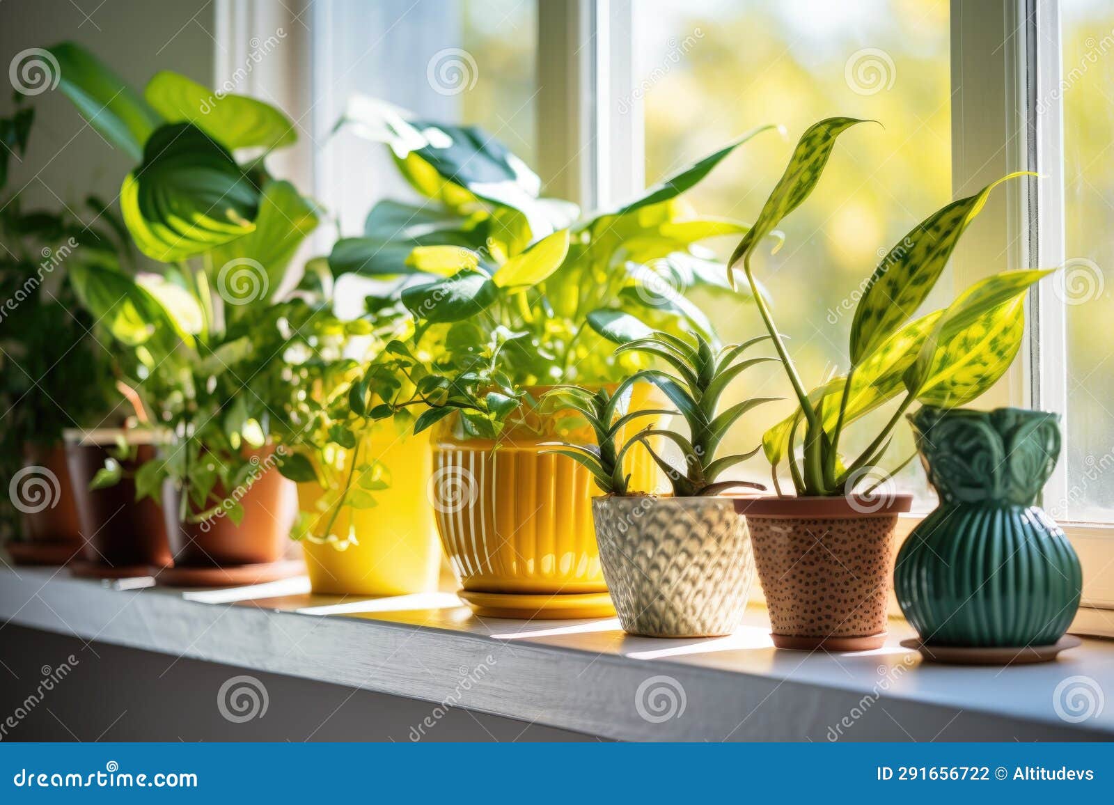 Houseplants in a Row on a Sunny Windowsill Stock Photo - Image of light ...