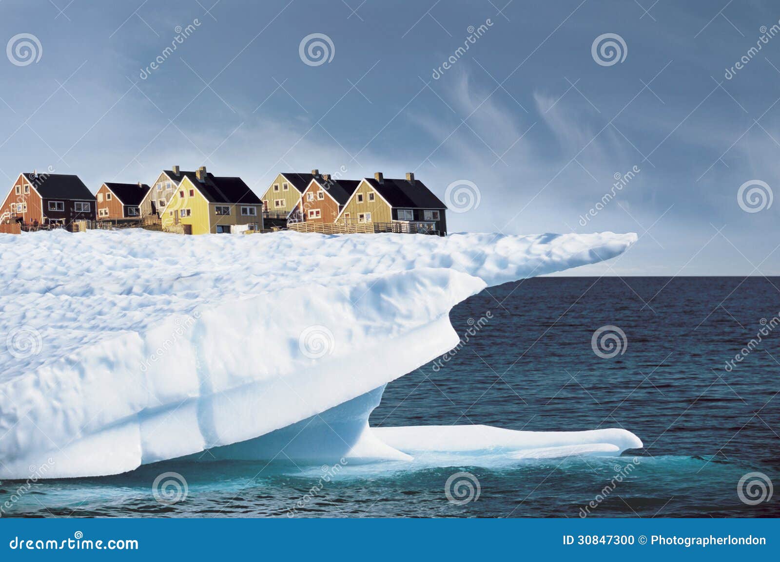 Houses on Edge of Ice Cliff Stock Photo - Image of manipulated, global ...
