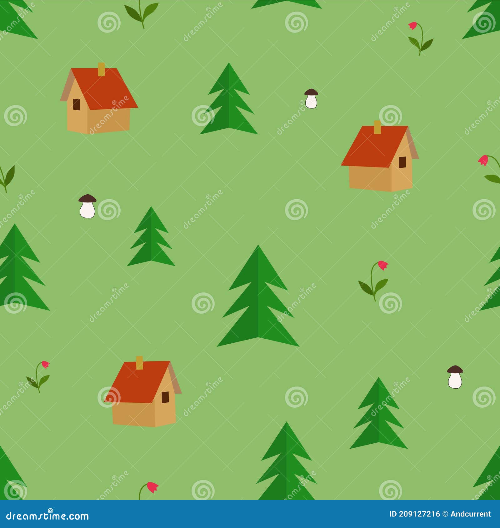 Houses in the Forest. Vector Color Drawing Image Background. Stock ...