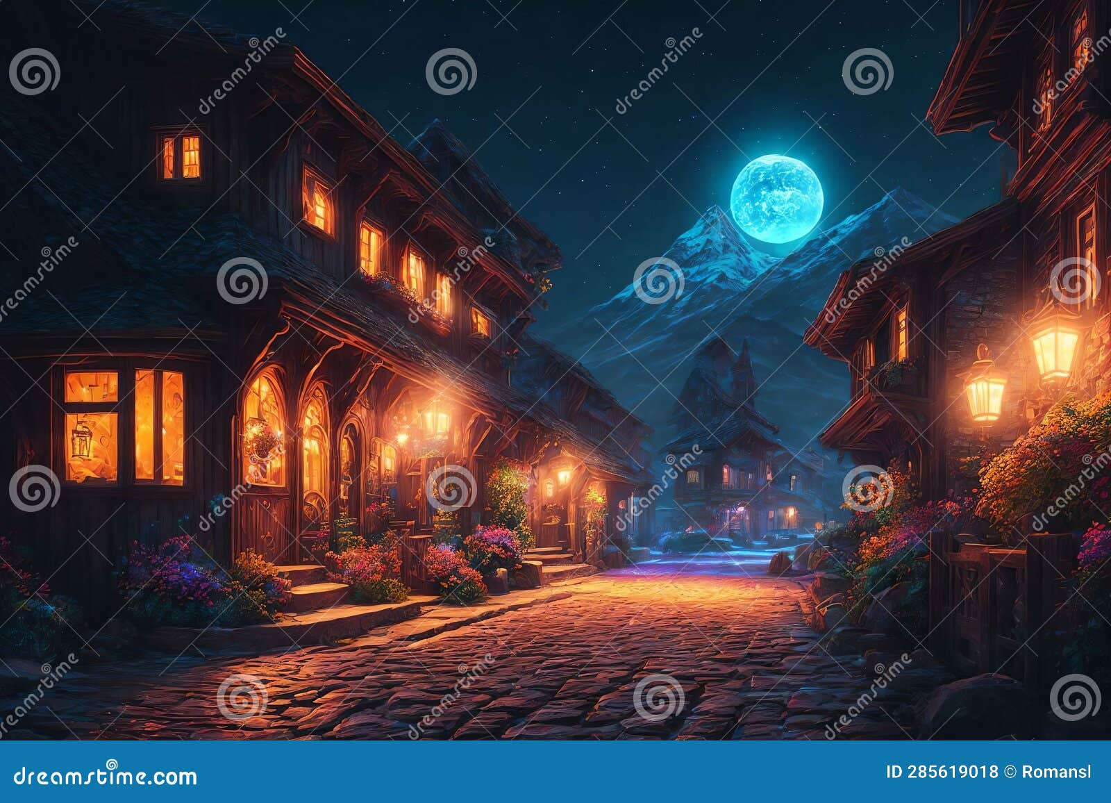 Houses in a Magical Setting Under the Moonlight. Generative AI Stock ...