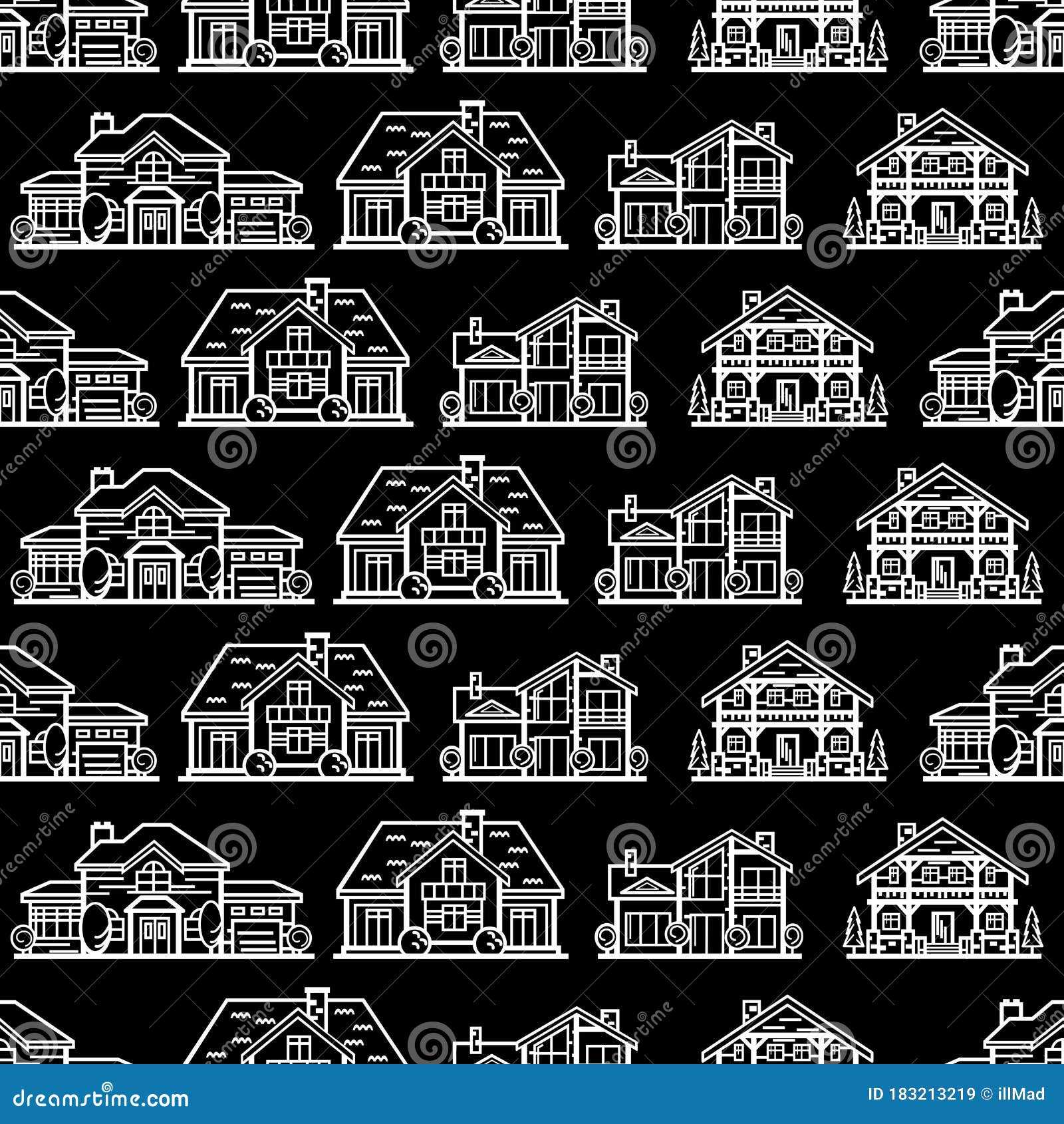 Houses Seamless Pattern Vector Line Illustration. Stock Vector ...