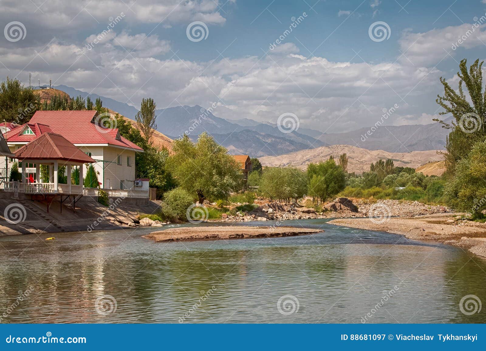 Houses Standing in a Valley of a Mountain River Stock Image - Image of ...