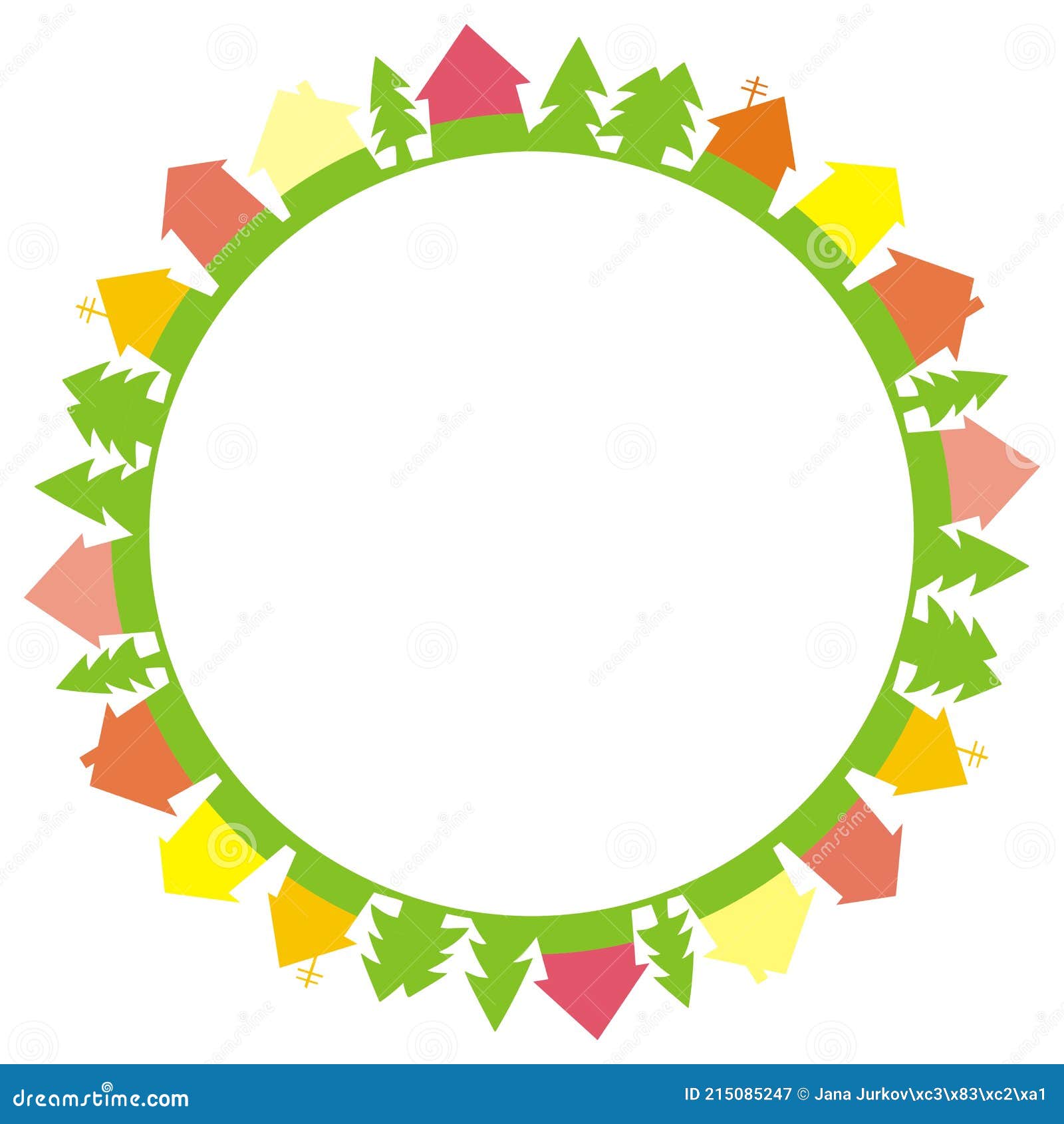 Houses and Trees, Decorative Circle Frame, Eps. Stock Vector ...
